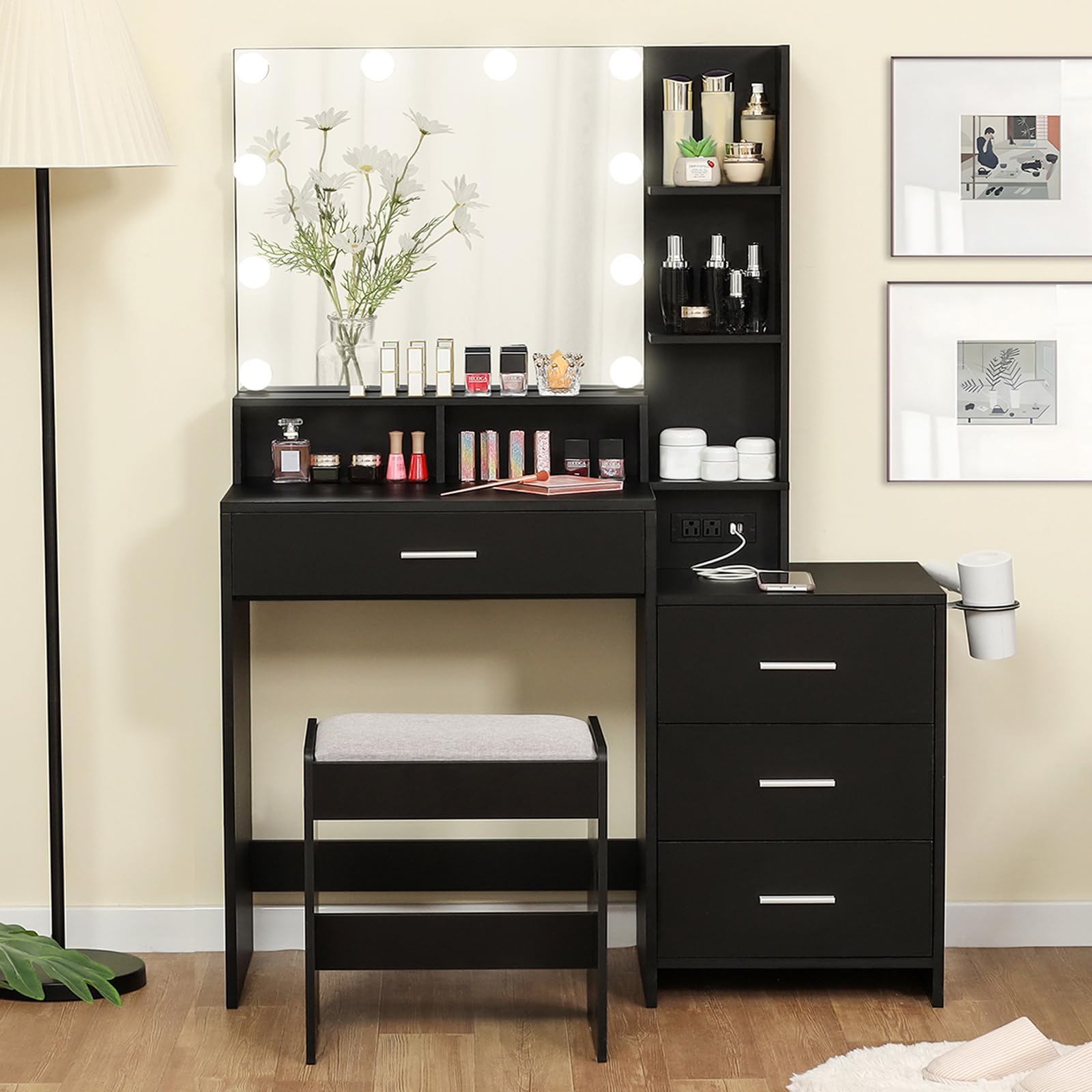 usikey Large Vanity Table Set with Lighted Mirror & Charging Station, Makeup Vanity Dressing Table with 4 Storage Shelves and 4 Drawers, Vanity Desk with 3-Drawer Chest and Cushioned Stool, Black