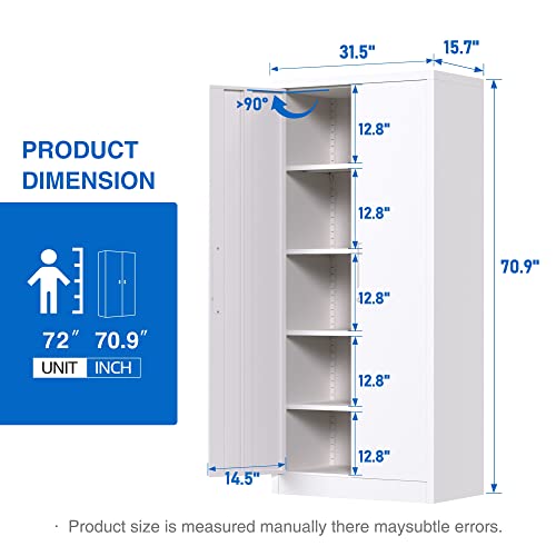 Reemoon Metal Storage Cabinet with Locking Doors and Adjustable Shelves, 71" Tall Steel Storage Cabinet for Home Office, White