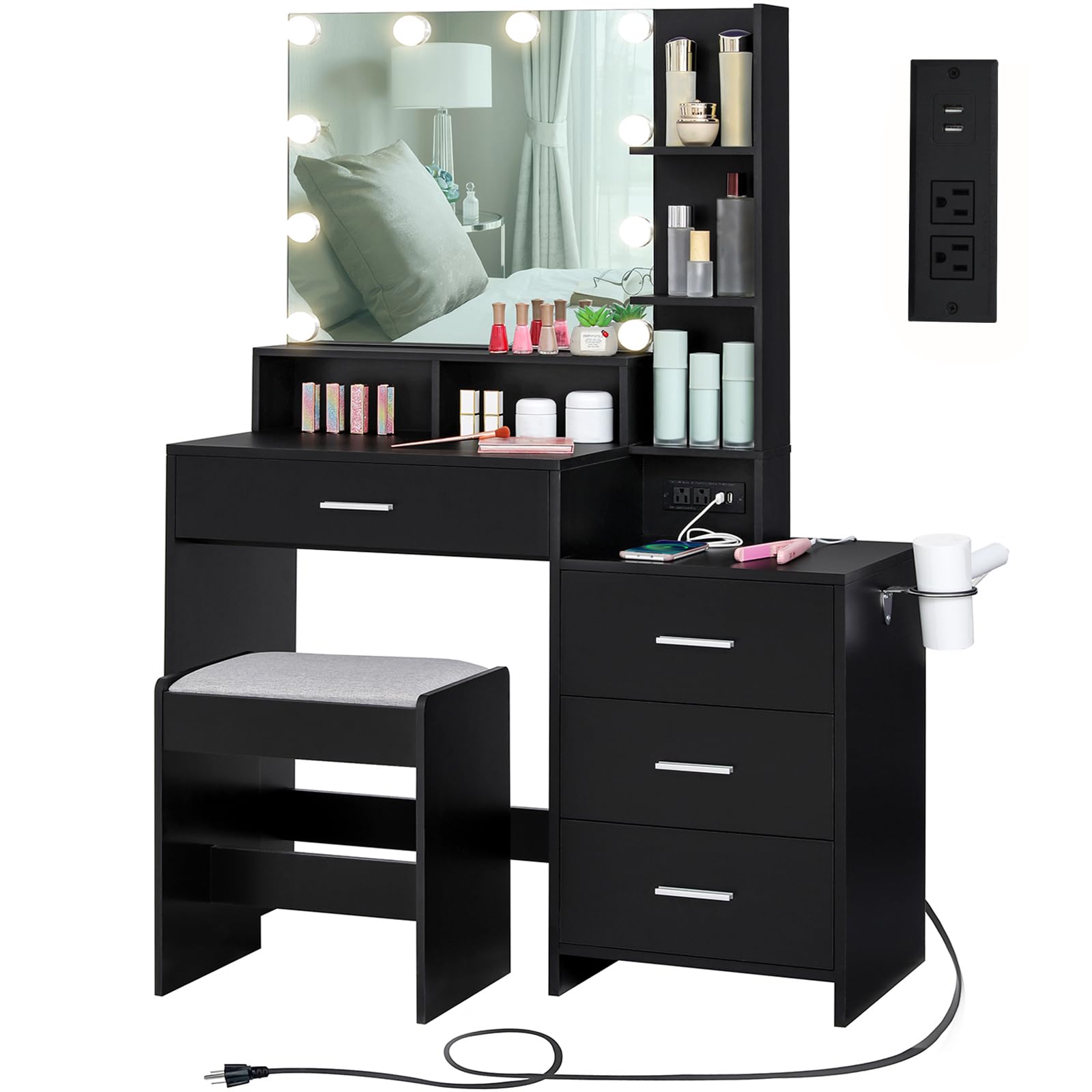 usikey Large Vanity Table Set with Lighted Mirror & Charging Station, Makeup Vanity Dressing Table with 4 Storage Shelves and 4 Drawers, Vanity Desk with 3-Drawer Chest and Cushioned Stool, Black