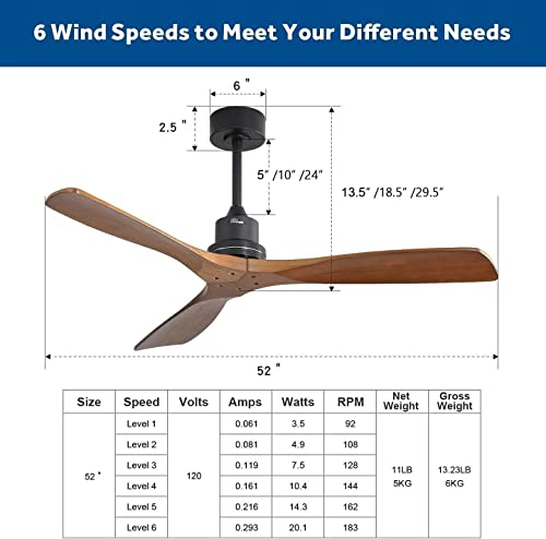 ReLa Mall 52in Ceiling Fan with Remote Control, Indoor Outdoor, Black Ceiling Fan No Light, Walnut Wood Blades, Reversible Motor for Bedroom Patios Kitchen Living Room Farmhouse
