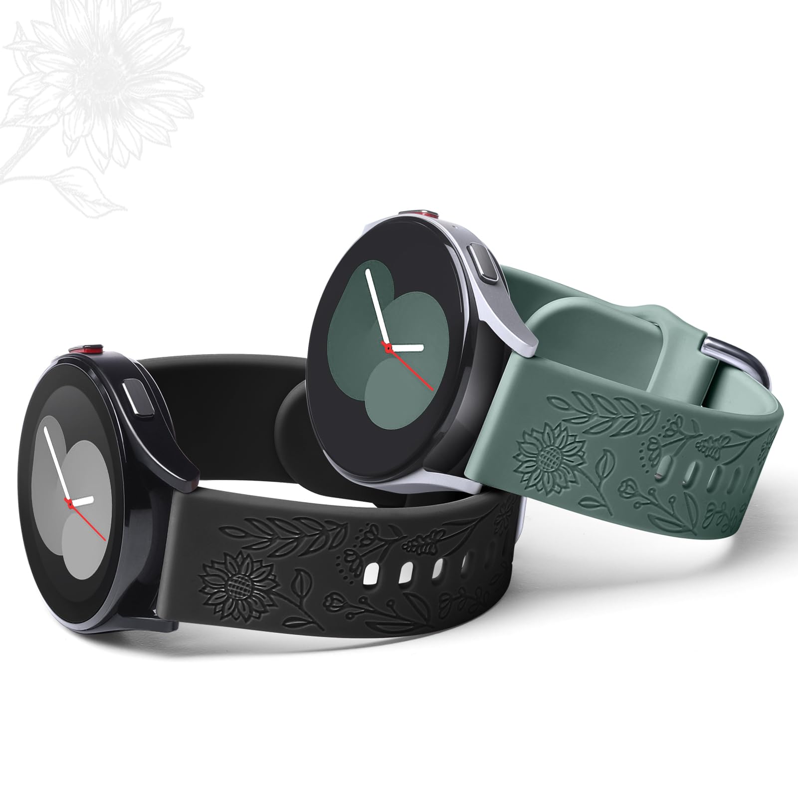 SNBLK Flower Engraved Bands Compatible with Samsung Galaxy Watch 7 6 5 4 Band 40mm 44mm, 20mm Strap for Galaxy Watch 6 40mm 44mm/Galaxy Watch 42mm/Watch 3 41mm/Active 2 40mm 44mm, Black