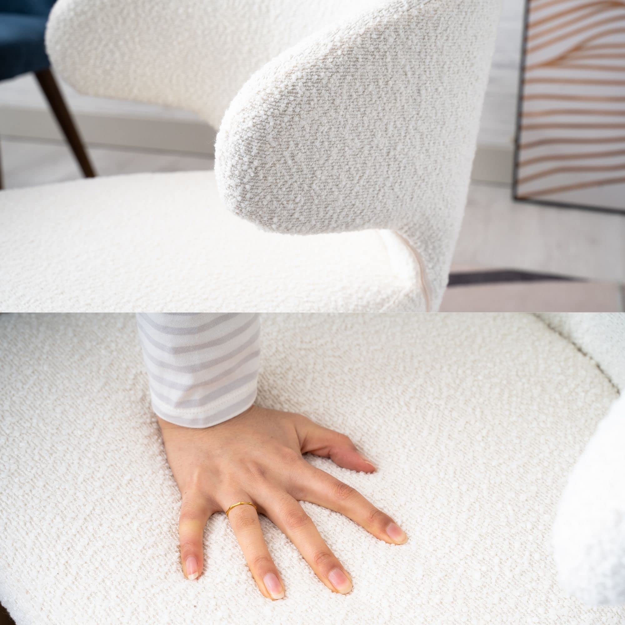 RIVOVA Upholstered Accent Arm Chairs Set of 2, Faux Sherpa Mid Century Modern Dining Chairs for Kitchen Dining Room Side Chairs with Wood Legs, White