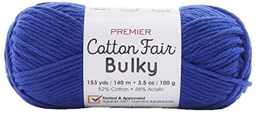 Premier Yarns Cotton Fair Bulky Solid Classic Blue 2081-11 (3-Skeins - Same Dye Lot) Chunky Bulky #5 Cotton, Acrylic Yarn for Crocheting and Knitting with Project Bag