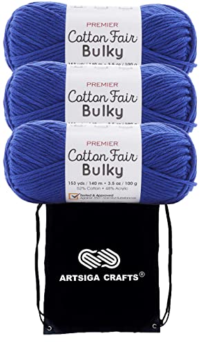 Premier Yarns Cotton Fair Bulky Solid Classic Blue 2081-11 (3-Skeins - Same Dye Lot) Chunky Bulky #5 Cotton, Acrylic Yarn for Crocheting and Knitting with Project Bag