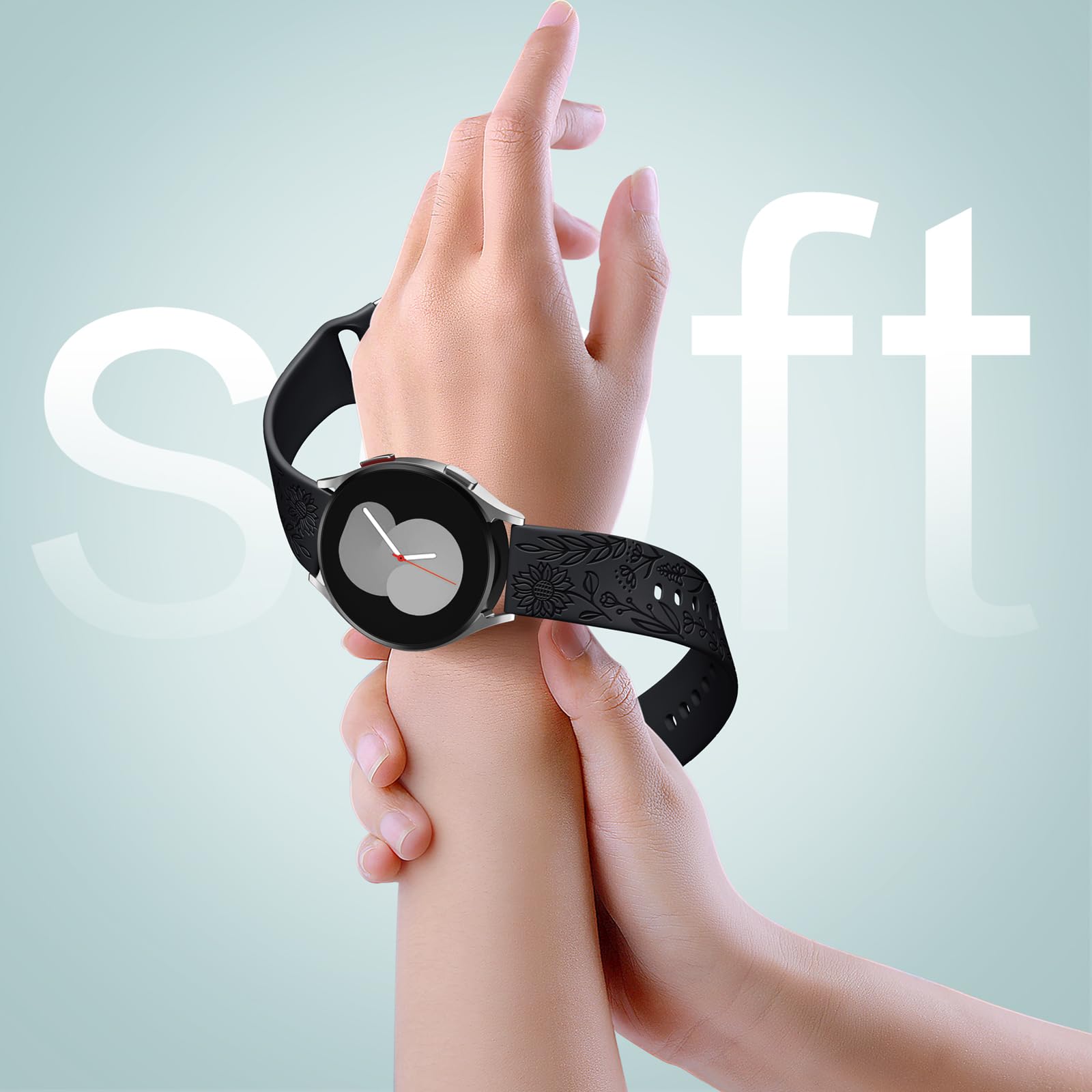 SNBLK Flower Engraved Bands Compatible with Samsung Galaxy Watch 7 6 5 4 Band 40mm 44mm, 20mm Strap for Galaxy Watch 6 40mm 44mm/Galaxy Watch 42mm/Watch 3 41mm/Active 2 40mm 44mm, Black