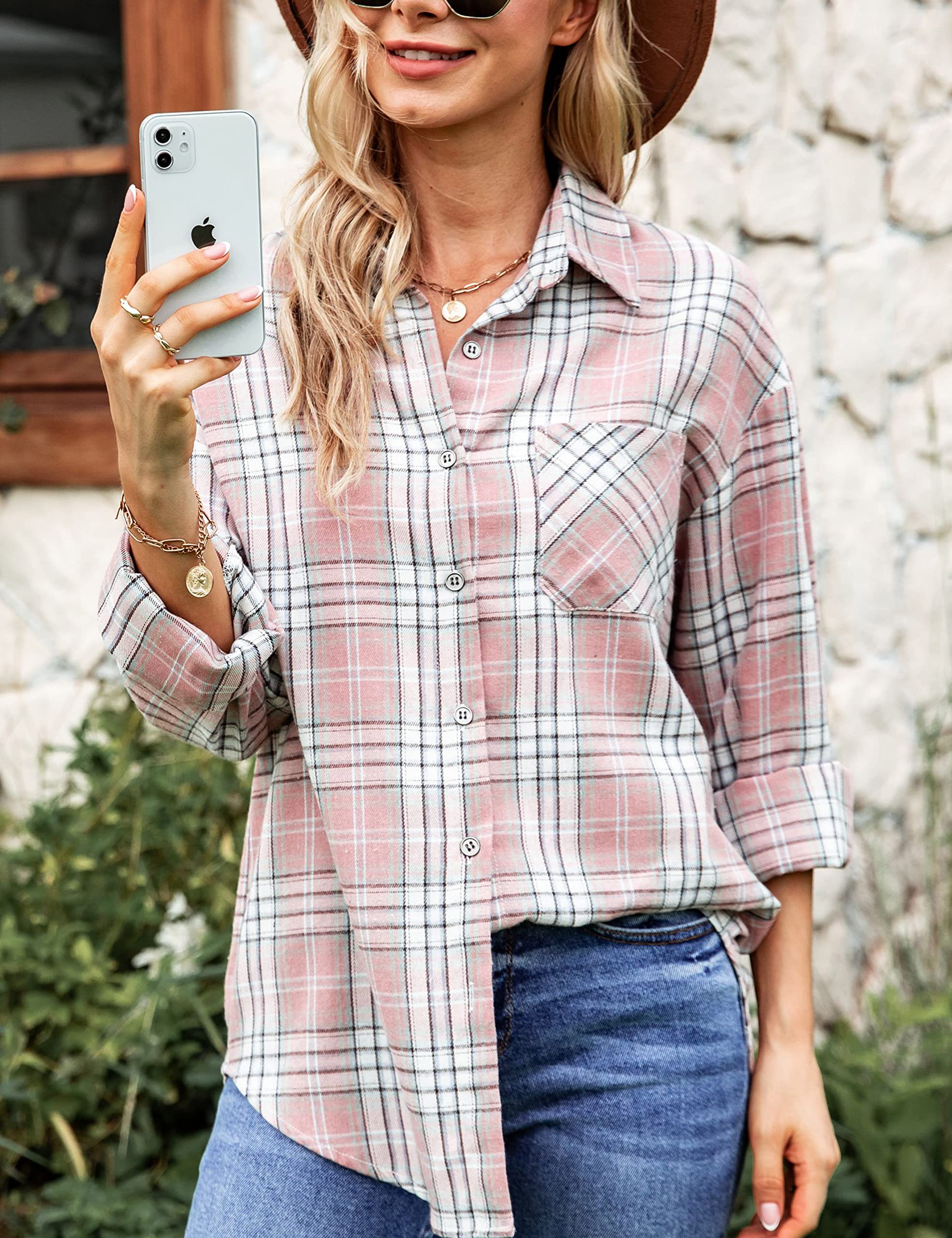Lumister Oversized Flannel Shirt Women Long Sleeve Plaid Button Down Buffalo Shirt Blouse Tops with One Pocket(0405-Pink-L)