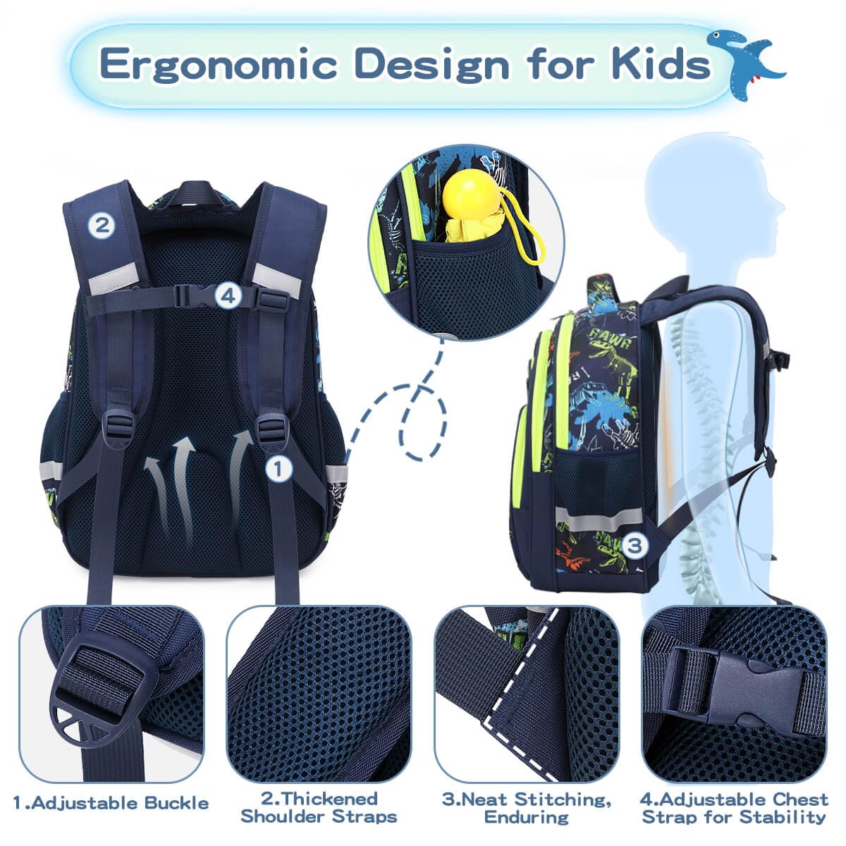 Cusangel Kids Backpack for Boys Elementary Preschool School Bags 16 Inch Dinosaur Backpack Multi Compartment,Sturdy Backpack Age 5-10(Dinosaur Fossil, Glow In The Dark)