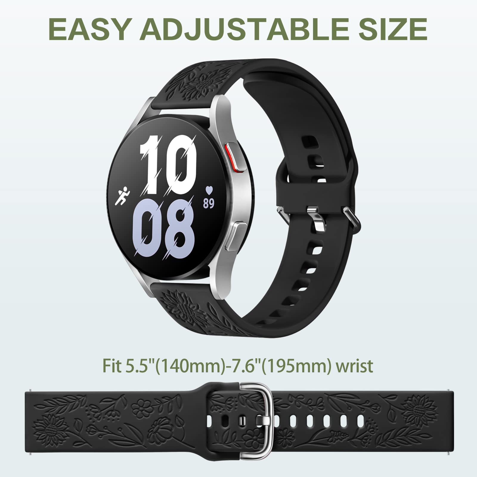 SNBLK Flower Engraved Bands Compatible with Samsung Galaxy Watch 7 6 5 4 Band 40mm 44mm, 20mm Strap for Galaxy Watch 6 40mm 44mm/Galaxy Watch 42mm/Watch 3 41mm/Active 2 40mm 44mm, Black