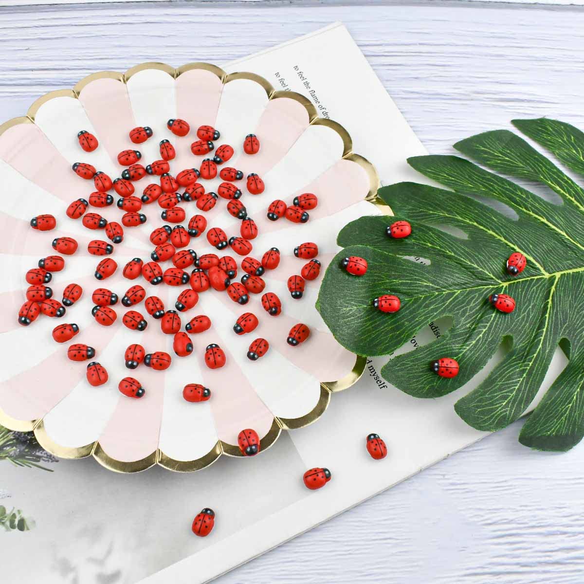 100 Pieces Wooden Ladybugs for Crafts DIY Self-Adhesive Mini Ladybugs Tiny Ladybug Decoration for Craft Scrapbooking Micro Landscape Party Home Garden Decor Flatback Wood Ladybugs Embellishments (Red)