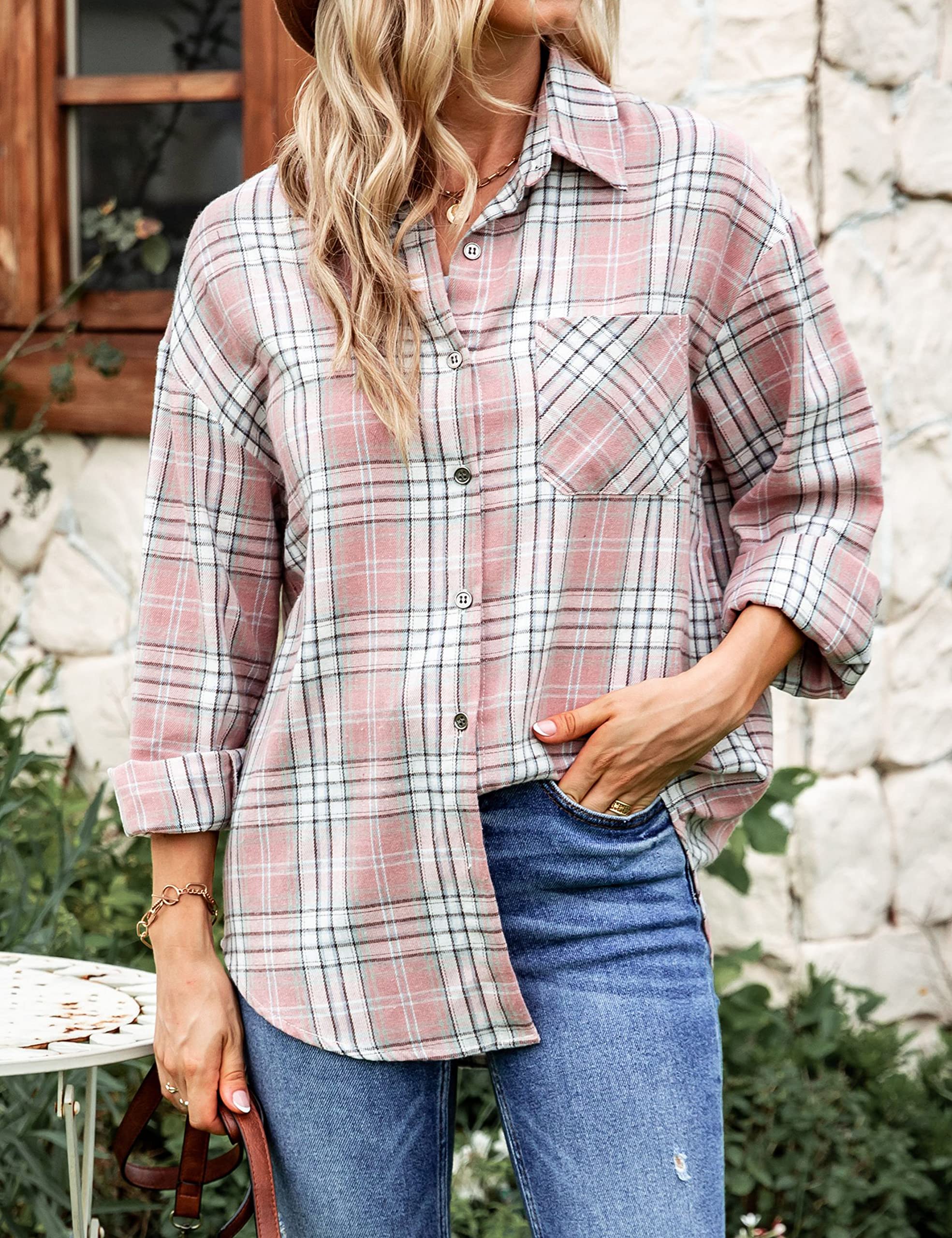 Lumister Oversized Flannel Shirt Women Long Sleeve Plaid Button Down Buffalo Shirt Blouse Tops with One Pocket(0405-Pink-L)