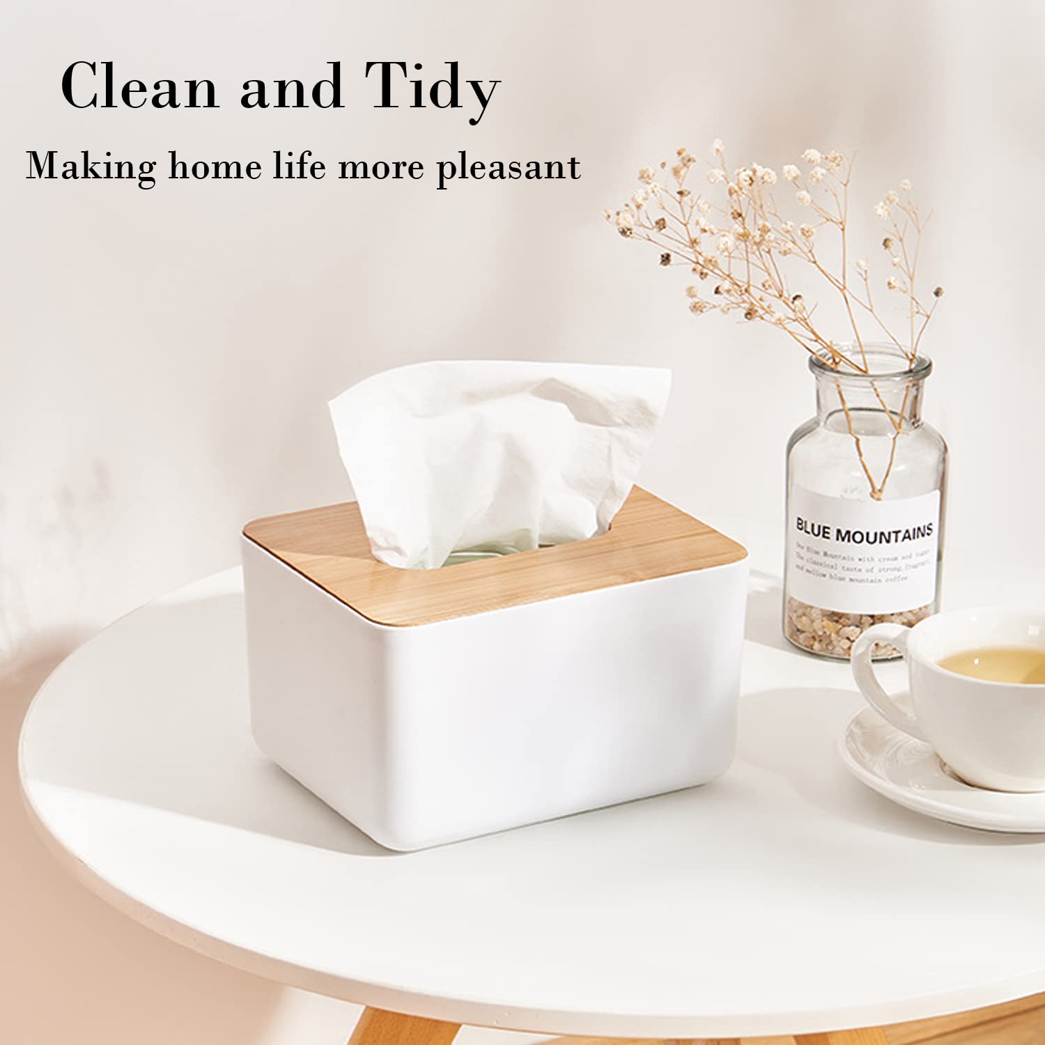 Bamboo Tissue Box Cover, Rectangular Tissue Box Holder for Bathroom Vanity, Countertop, Bedroom Dresser, Bedside Table, Desk,Disposable Paper Facial Tissues Tissue Box White