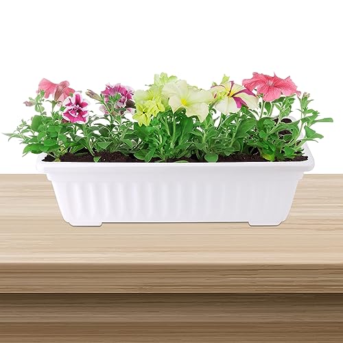 JOIKIT 6 Packs 17 Inch White Plastic Flower Window Boxes Planters with Drainage Holes & Tray, Rectangular Long Vegetable Flower Windowsill Box Planter Pot with Plant Label for Garden Patio Balcony