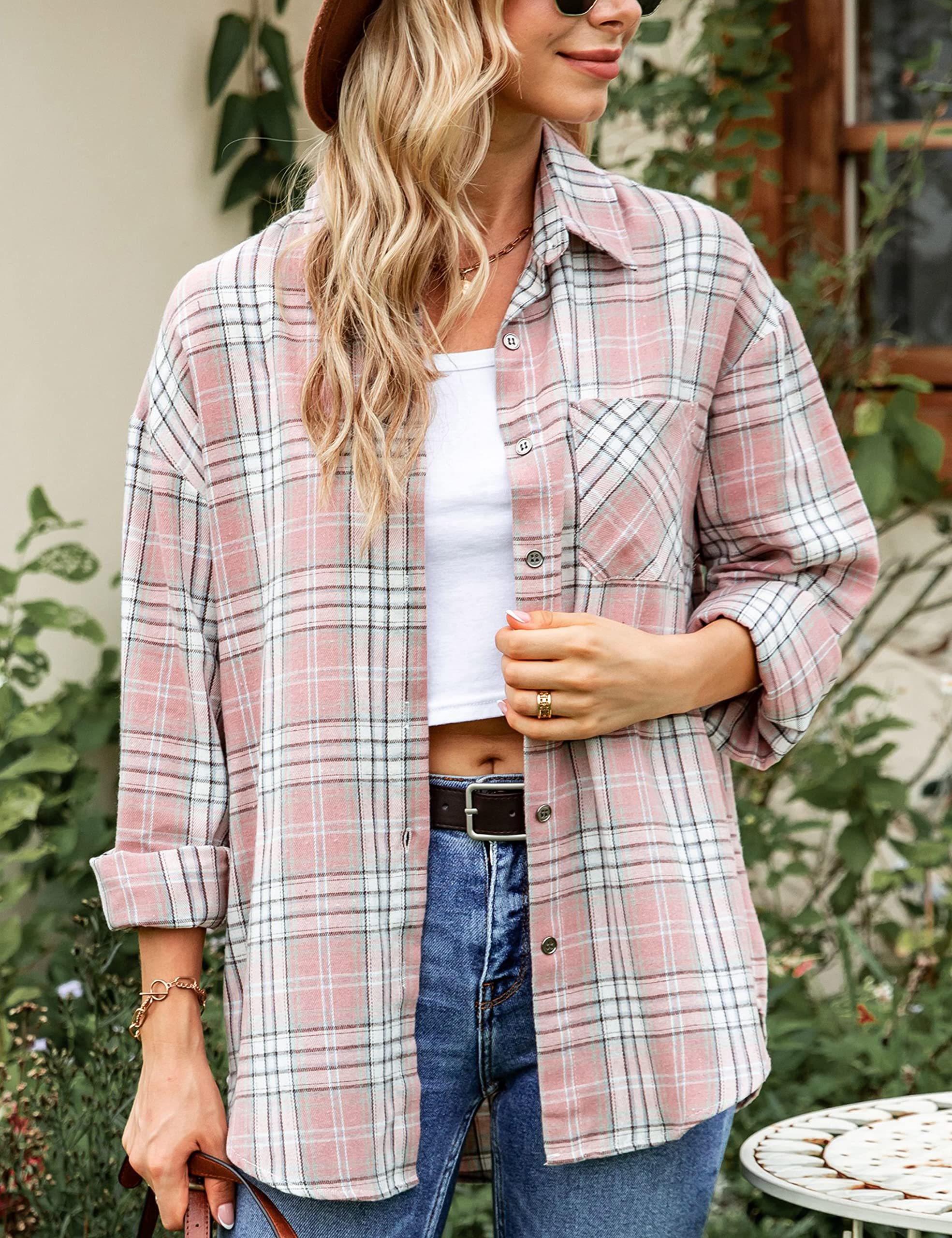 Lumister Oversized Flannel Shirt Women Long Sleeve Plaid Button Down Buffalo Shirt Blouse Tops with One Pocket(0405-Pink-L)