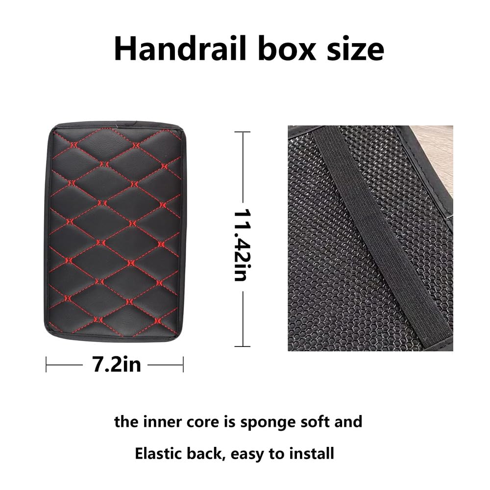 Center Console Cover,Soft Comfortable PU Leather Car Armrest Cushion,Waterproof and Anti-scratch Armrest Seat Box Cover Profector,Car Interior Accessories Universal For SUV/Truck/Vehicle (Black/Red)