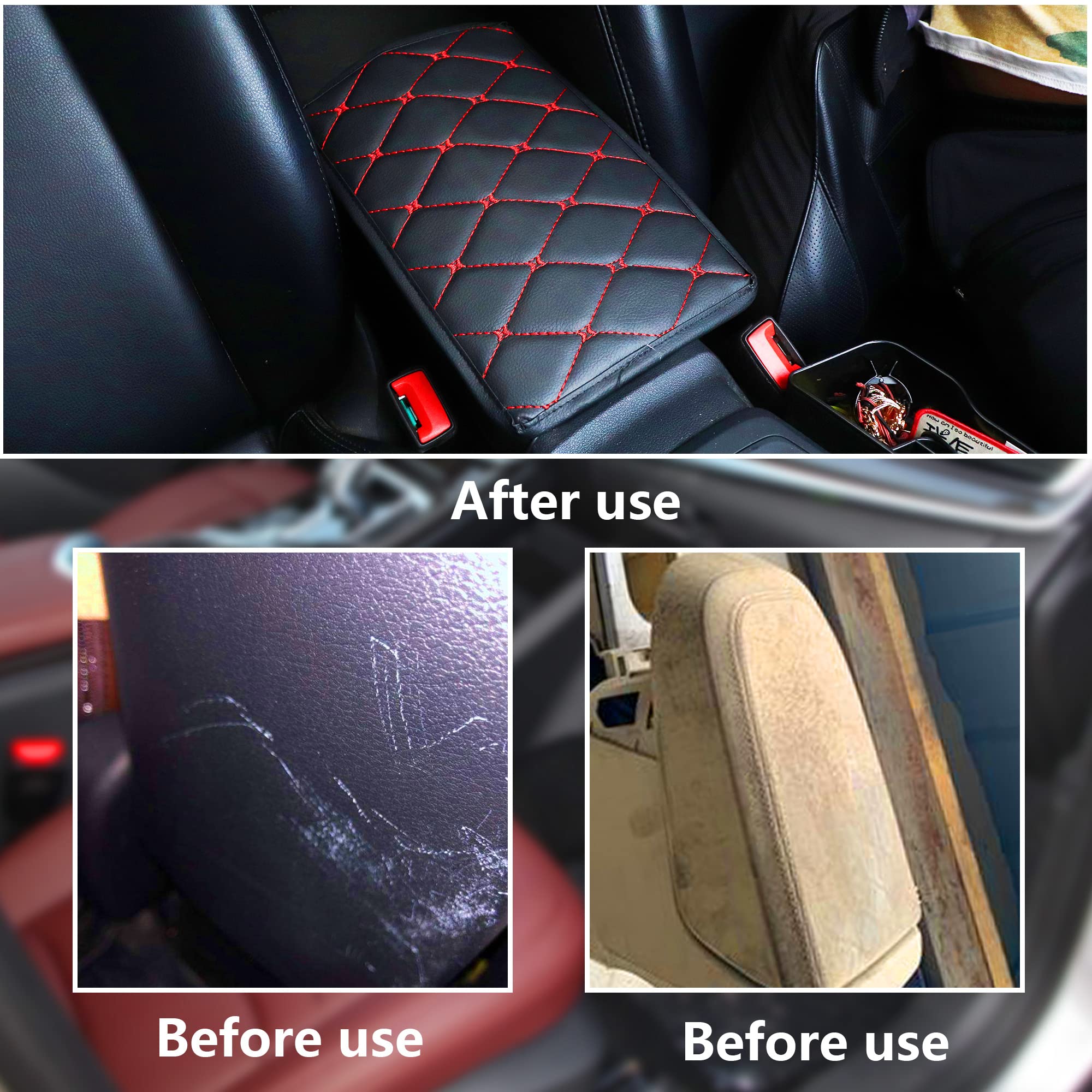 Center Console Cover,Soft Comfortable PU Leather Car Armrest Cushion,Waterproof and Anti-scratch Armrest Seat Box Cover Profector,Car Interior Accessories Universal For SUV/Truck/Vehicle (Black/Red)