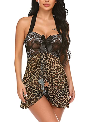 Avidlove Women Lingerie Babydoll Lace Nightgown Mesh Chemise Boudoir Nighty Sexy Lingerie Leopard L