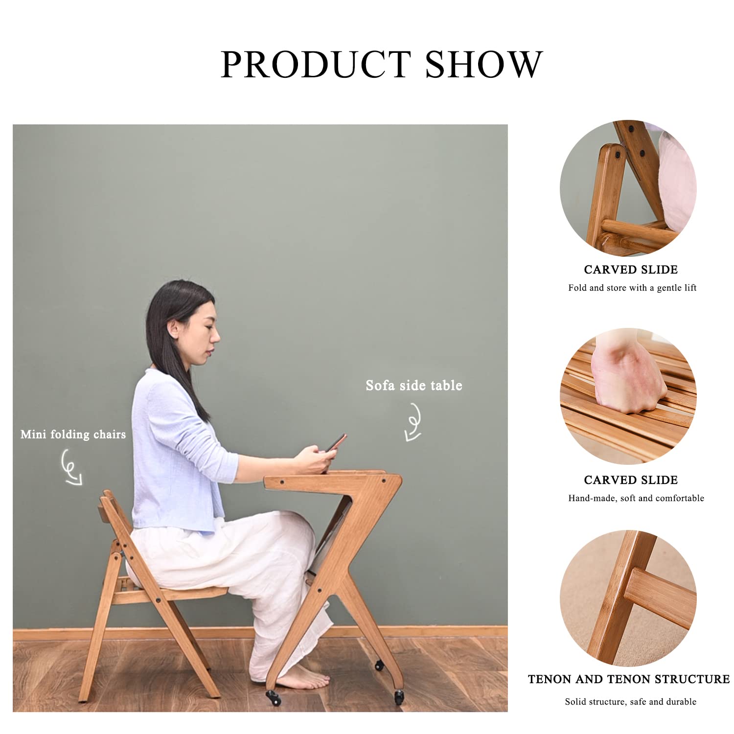 JIKUGO Folding Chair Bamboo Chairs-Small Foldable Chair for Outdoor, Dining Room, Living Room Bedroom, Office
