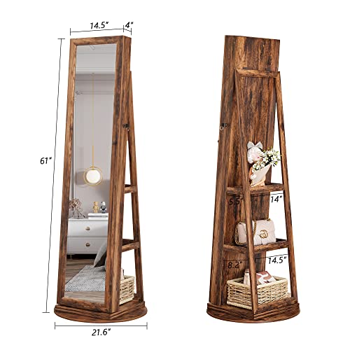 OUTDOOR DOIT 360° Rotating 67'' Jewelry Armoire with 6 LEDS, Full Length Mirror Large Capacity Jewelry Organizer Armoire, Lockable Floor Standing Mirror with Back Storage Shelves