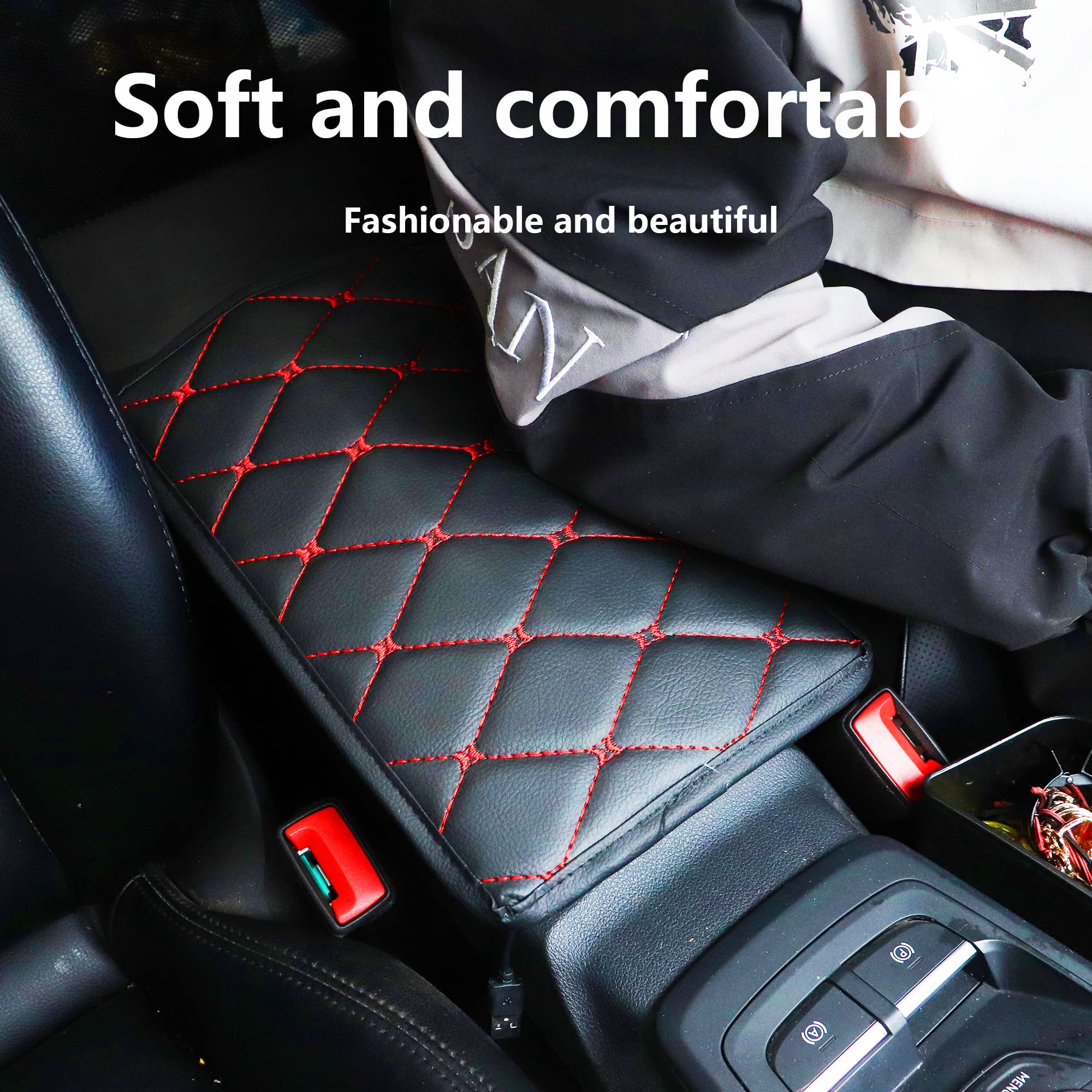 Center Console Cover,Soft Comfortable PU Leather Car Armrest Cushion,Waterproof and Anti-scratch Armrest Seat Box Cover Profector,Car Interior Accessories Universal For SUV/Truck/Vehicle (Black/Red)