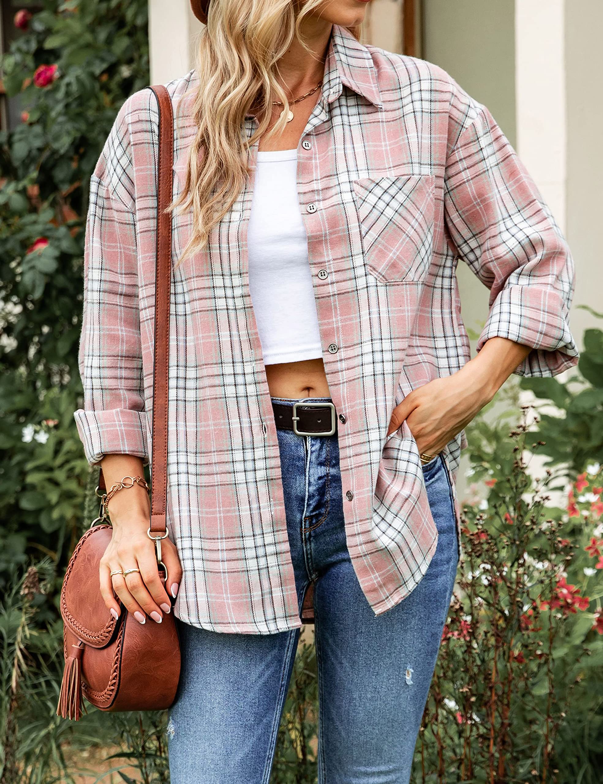 Lumister Oversized Flannel Shirt Women Long Sleeve Plaid Button Down Buffalo Shirt Blouse Tops with One Pocket(0405-Pink-L)