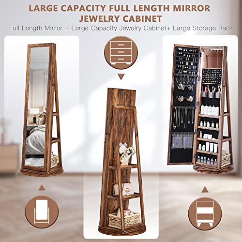 OUTDOOR DOIT 360° Rotating 67'' Jewelry Armoire with 6 LEDS, Full Length Mirror Large Capacity Jewelry Organizer Armoire, Lockable Floor Standing Mirror with Back Storage Shelves