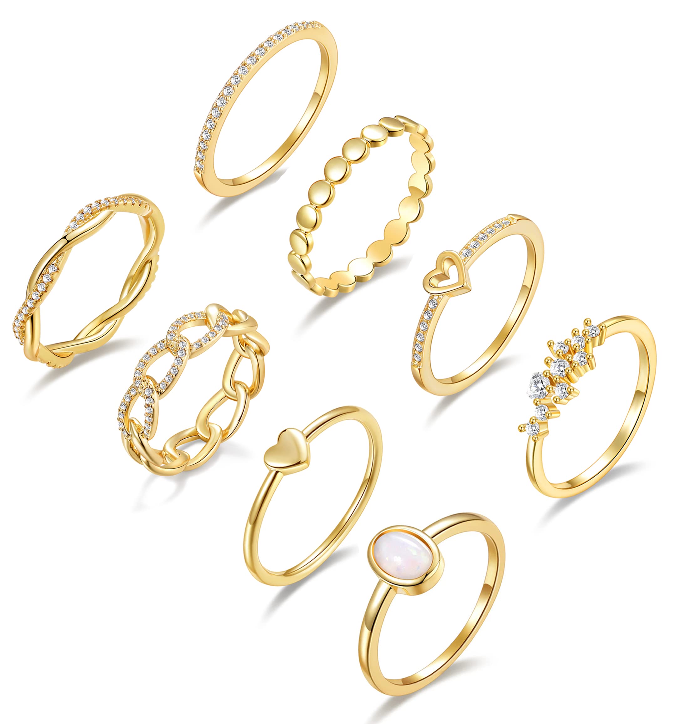 PLOMFOV 14K Gold/Silver Plate Stacking Rings Set for Women CZ Heart Simple Cute Stackable Rings Dainty Trendy Gold Statement Rings Plain Band Size 4-11 Gold 8