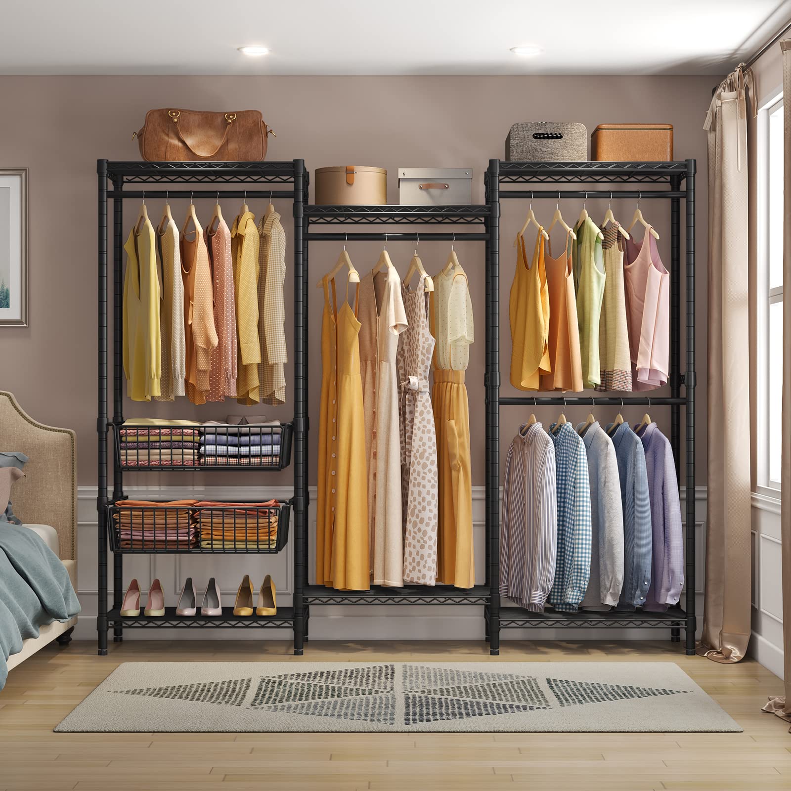 VIPEK V10 Wire Garment Rack Heavy Duty Clothes Rack, Freestanding Closet Wardrobe Metal Clothing Rack with 2 Slid Baskets, 68.9" L x 15.7" W x 76.4" H, Max Load 790lbs, Black