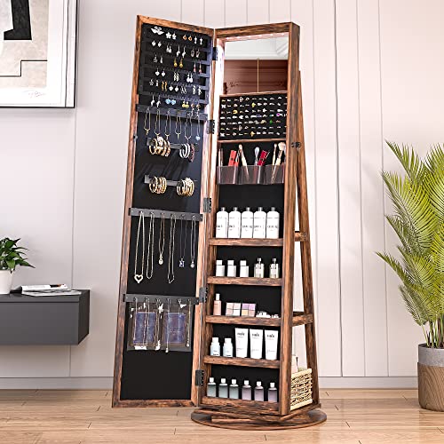 OUTDOOR DOIT 360° Rotating 67'' Jewelry Armoire with 6 LEDS, Full Length Mirror Large Capacity Jewelry Organizer Armoire, Lockable Floor Standing Mirror with Back Storage Shelves