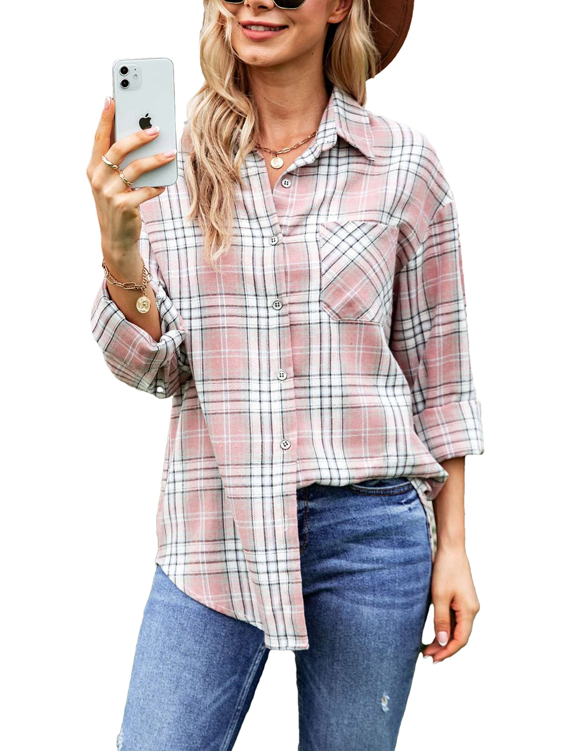 Lumister Oversized Flannel Shirt Women Long Sleeve Plaid Button Down Buffalo Shirt Blouse Tops with One Pocket(0405-Pink-L)