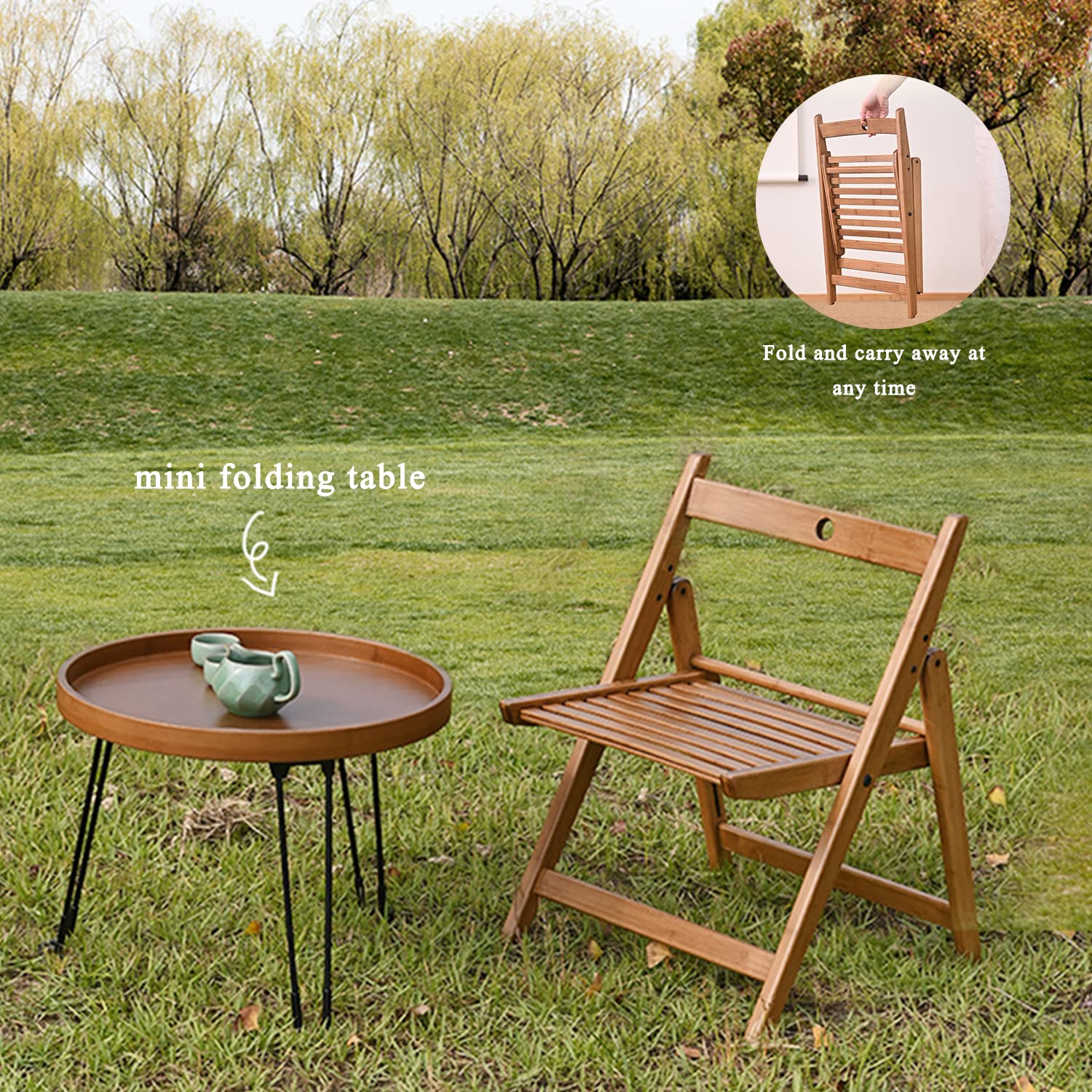JIKUGO Folding Chair Bamboo Chairs-Small Foldable Chair for Outdoor, Dining Room, Living Room Bedroom, Office