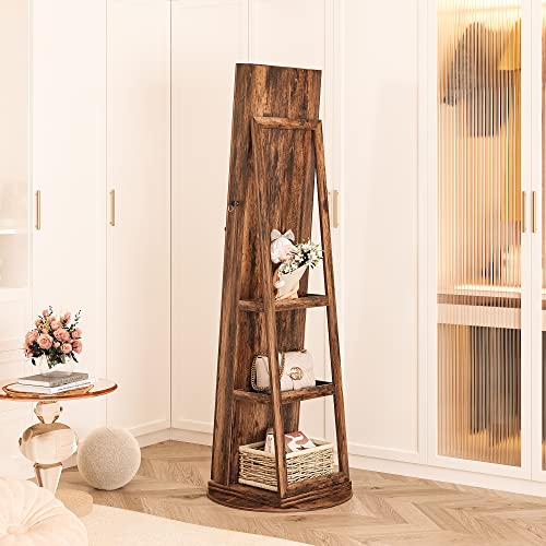 OUTDOOR DOIT 360° Rotating 67'' Jewelry Armoire with 6 LEDS, Full Length Mirror Large Capacity Jewelry Organizer Armoire, Lockable Floor Standing Mirror with Back Storage Shelves