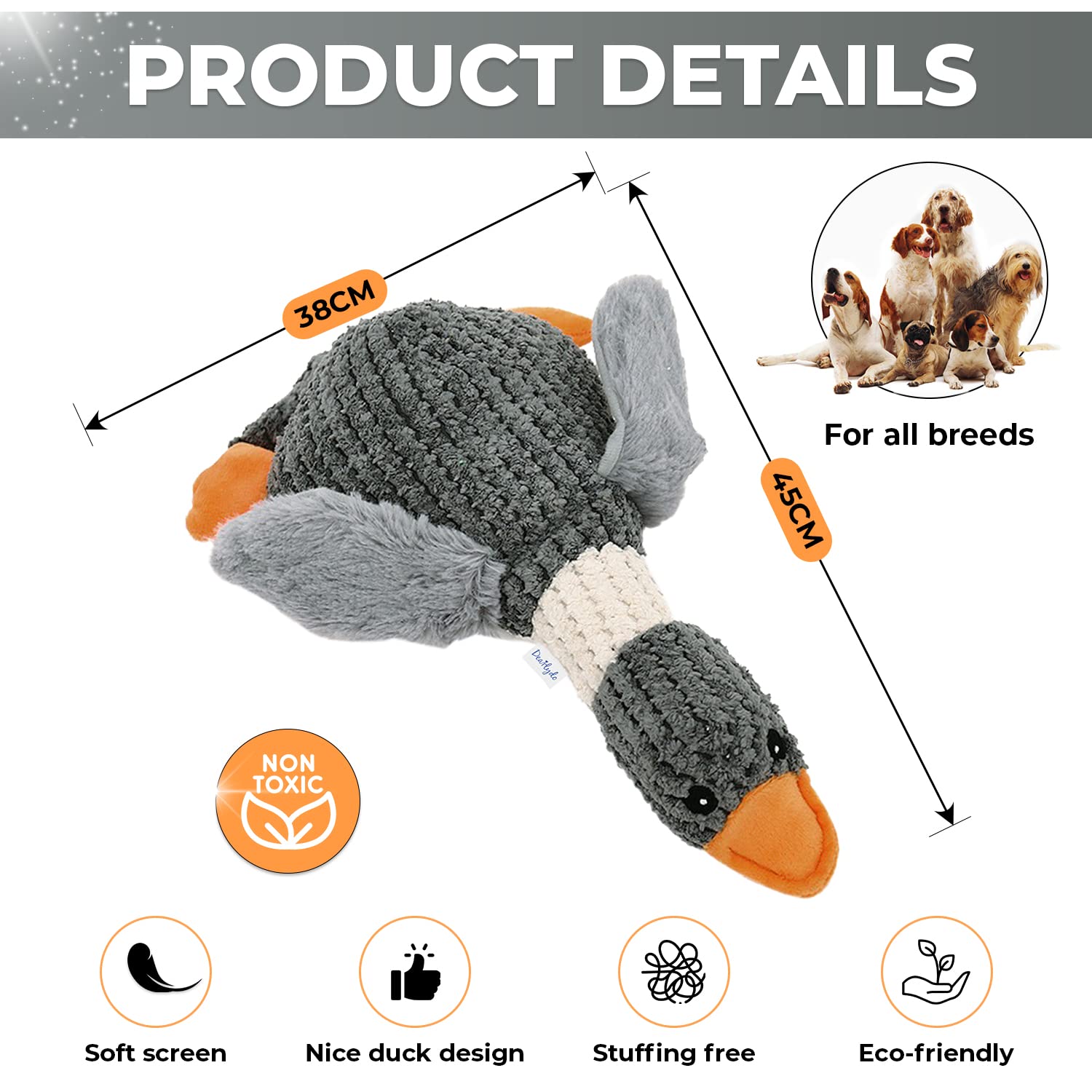 Dearlydo Duck Dog Toy – Mallard Duck Plush for Dogs – Squeaky Dog Toy for Small, Medium and Large Dogs – Durable Dog Toys for Playing, Chewing, Biting – Interactive Dog Toys for Play and Fetch (Grey)