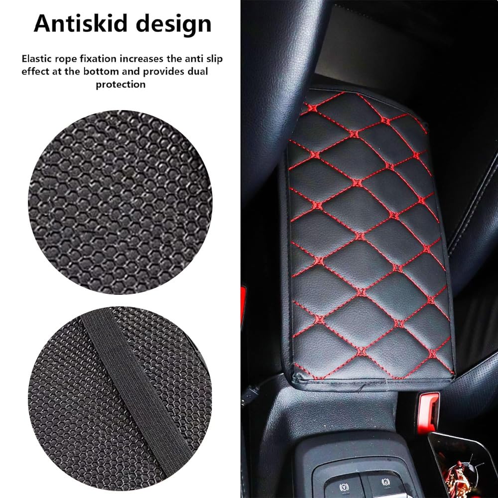 Center Console Cover,Soft Comfortable PU Leather Car Armrest Cushion,Waterproof and Anti-scratch Armrest Seat Box Cover Profector,Car Interior Accessories Universal For SUV/Truck/Vehicle (Black/Red)