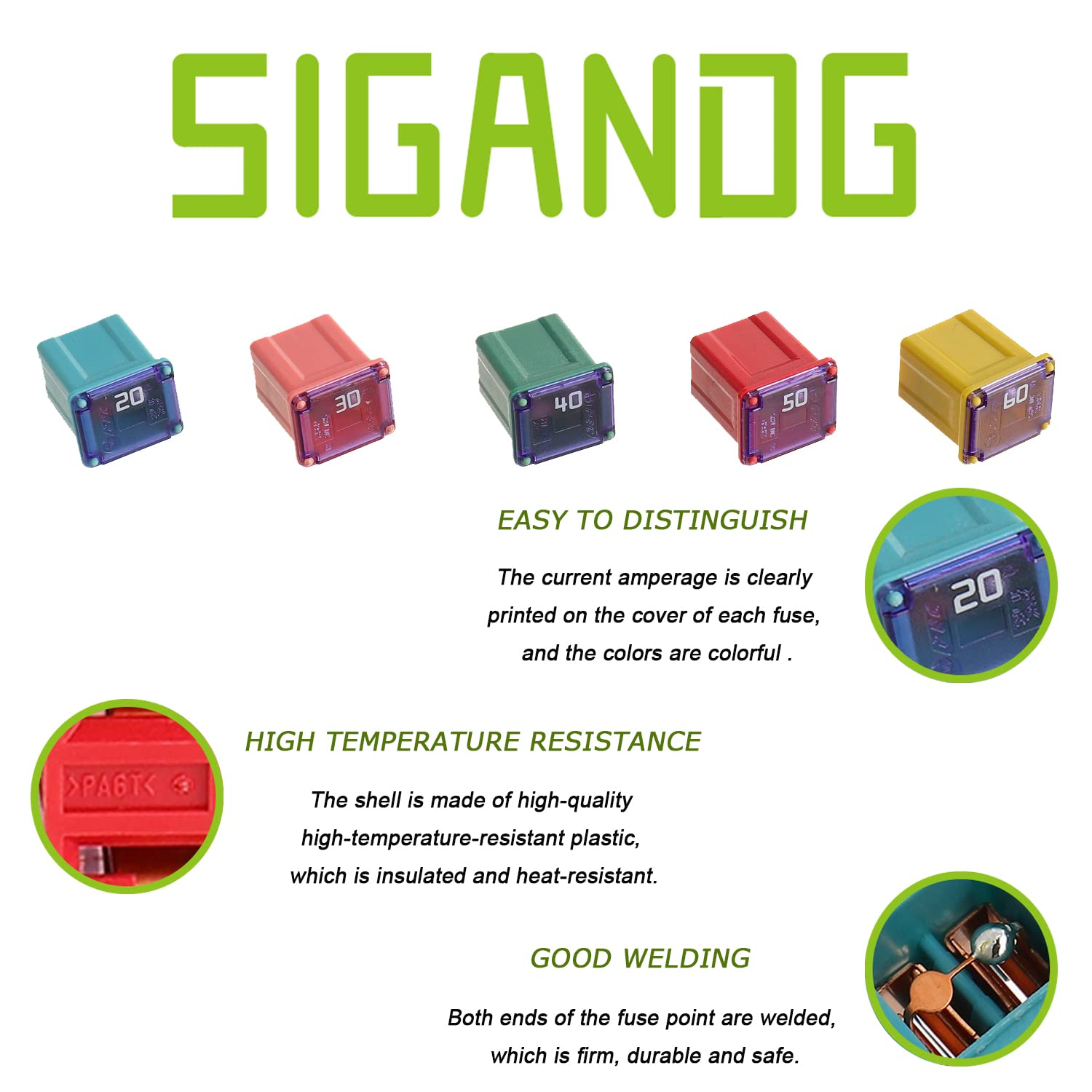 SIGANDG 10pcs Low Jcase Block Fuse car Fuse for Trucks Cars and SUVS (20A/30A/40A/50A/60A, 2pcs Each)