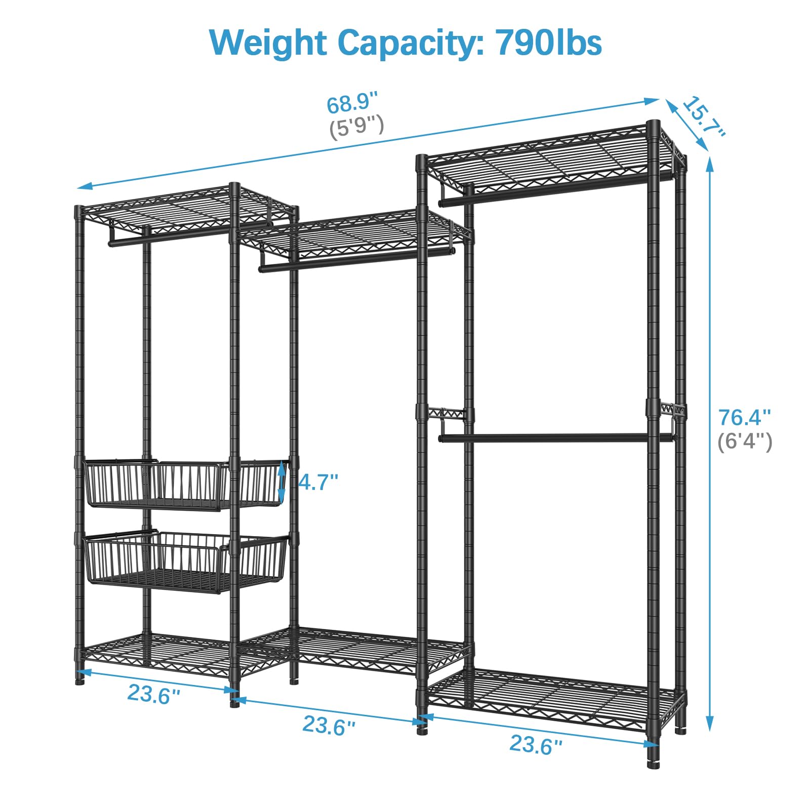 VIPEK V10 Wire Garment Rack Heavy Duty Clothes Rack, Freestanding Closet Wardrobe Metal Clothing Rack with 2 Slid Baskets, 68.9" L x 15.7" W x 76.4" H, Max Load 790lbs, Black