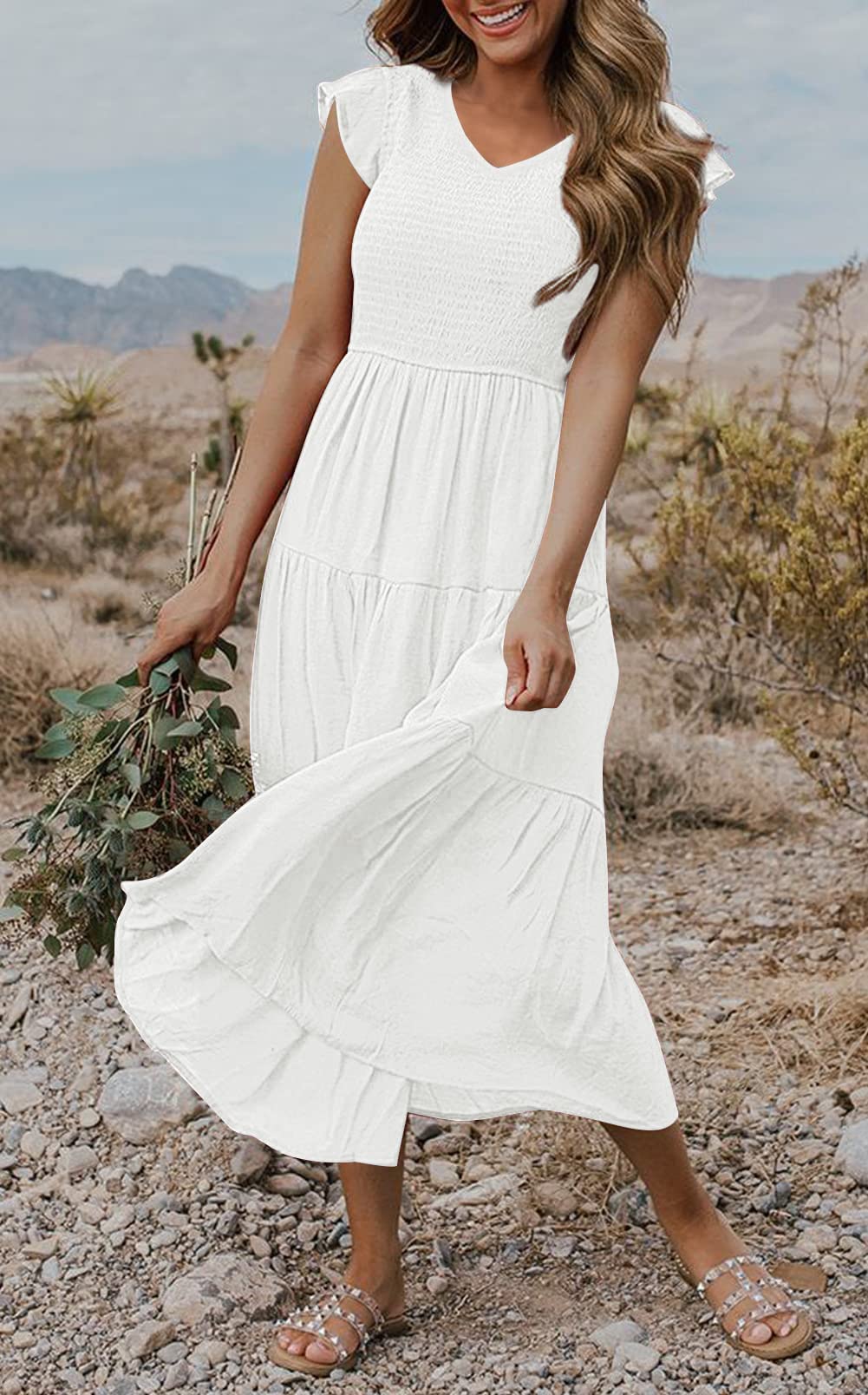 MEROKEETY Women's 2025 Summer Smocked V Neck Tiered Swing Long Midi Dress with Pockets, White, M