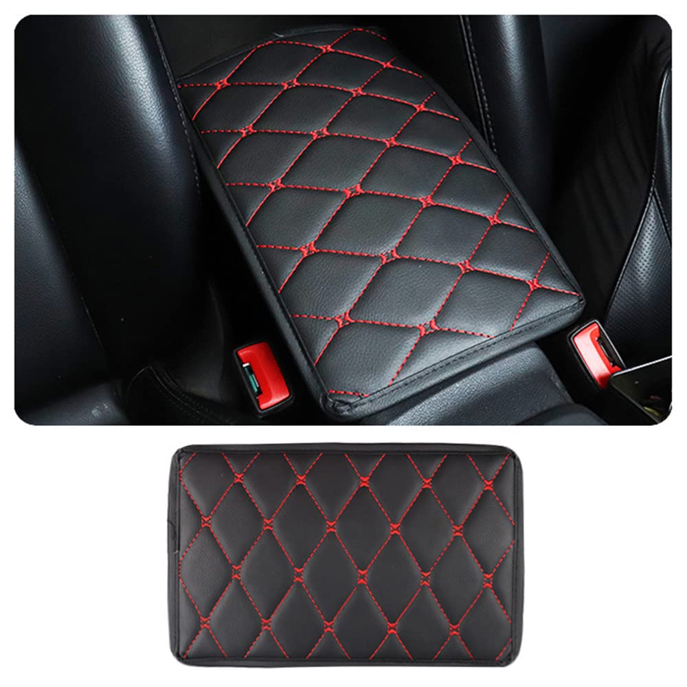 Center Console Cover,Soft Comfortable PU Leather Car Armrest Cushion,Waterproof and Anti-scratch Armrest Seat Box Cover Profector,Car Interior Accessories Universal For SUV/Truck/Vehicle (Black/Red)