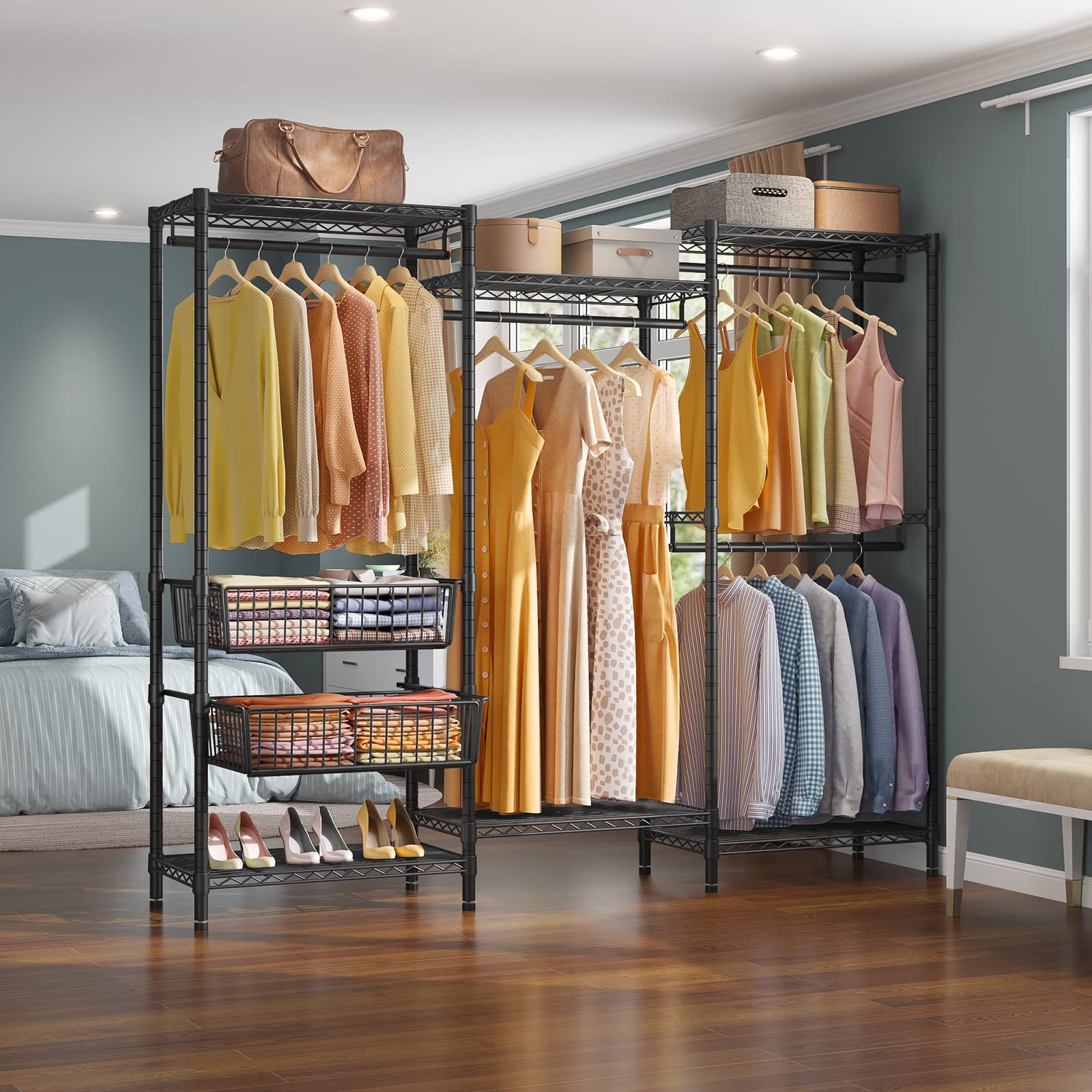 VIPEK V10 Wire Garment Rack Heavy Duty Clothes Rack, Freestanding Closet Wardrobe Metal Clothing Rack with 2 Slid Baskets, 68.9" L x 15.7" W x 76.4" H, Max Load 790lbs, Black