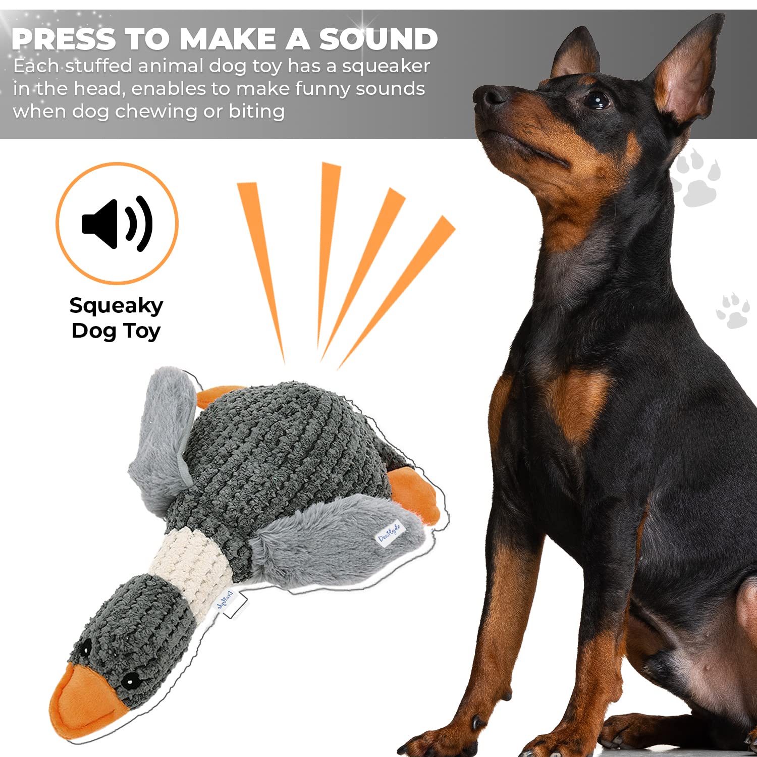 Dearlydo Duck Dog Toy – Mallard Duck Plush for Dogs – Squeaky Dog Toy for Small, Medium and Large Dogs – Durable Dog Toys for Playing, Chewing, Biting – Interactive Dog Toys for Play and Fetch (Grey)