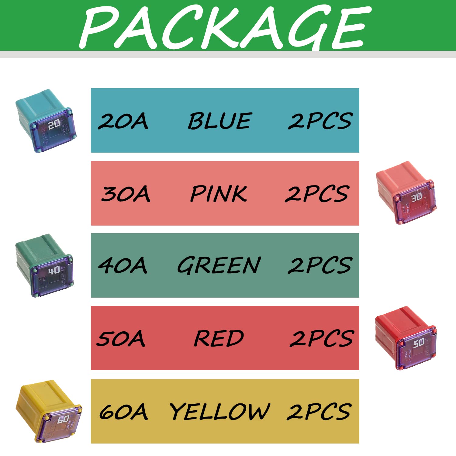 SIGANDG 10pcs Low Jcase Block Fuse car Fuse for Trucks Cars and SUVS (20A/30A/40A/50A/60A, 2pcs Each)