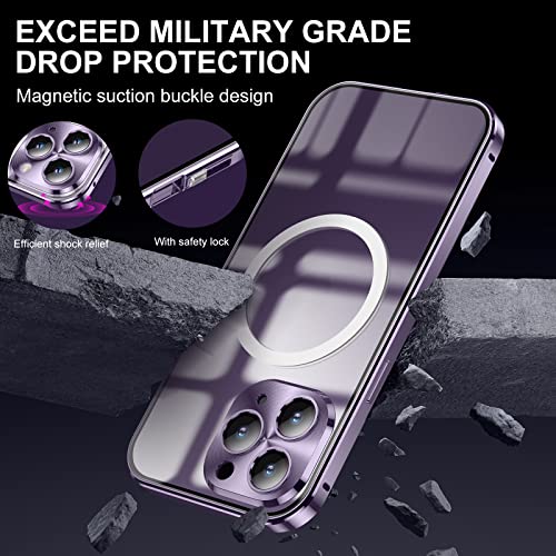 Jonwelsy Case for iPhone 14 Pro Max, 360 Degree Double-Sided Protection Compatible with Magsafe Magnetic Adsorption Metal Bumper Front Tempered Glass Back Frosted PC Cover for 14 Pro Max 6.7" (Gold)