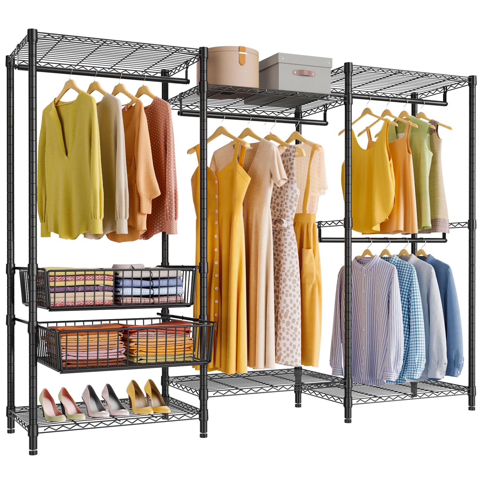 VIPEK V10 Wire Garment Rack Heavy Duty Clothes Rack, Freestanding Closet Wardrobe Metal Clothing Rack with 2 Slid Baskets, 68.9" L x 15.7" W x 76.4" H, Max Load 790lbs, Black