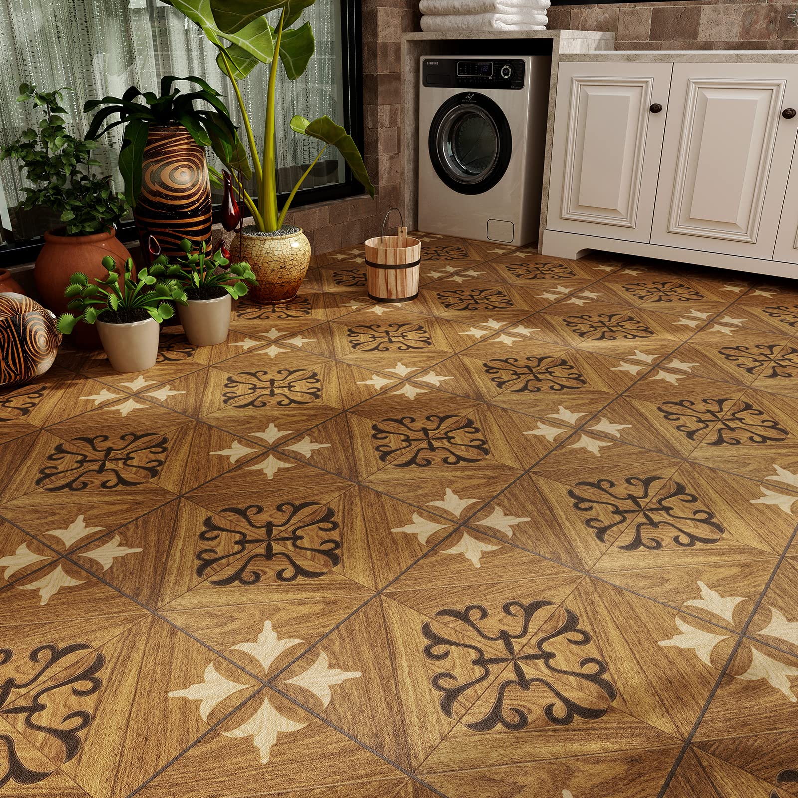 YENHOME Brown Peel and Stick Floor Tile Waterproof 12x12 in Kitchen Bathroom Floor Tile Vinyl Flooring Peel and Stick Flooring Roll Wood Planks 3 PCS Laminate Flooring Stick on Floor Tile Removable