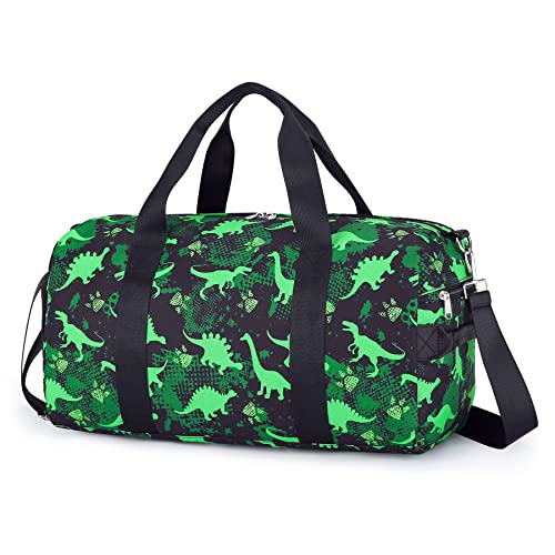 Duffle Bag for Kids Travel Overnight Bags Boys Sport Gym Bag with Shoe Compartment & Wet Pocket, Small Carry-On Size & Ideal for School Practice or Weekender Travel Bag (Green DInosaur)