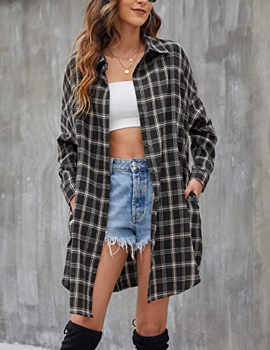 HangNiFang Long Flannel Shirts for Women Button Down Plaid Shirts Dresses Pocketed(0652-Black-XL)