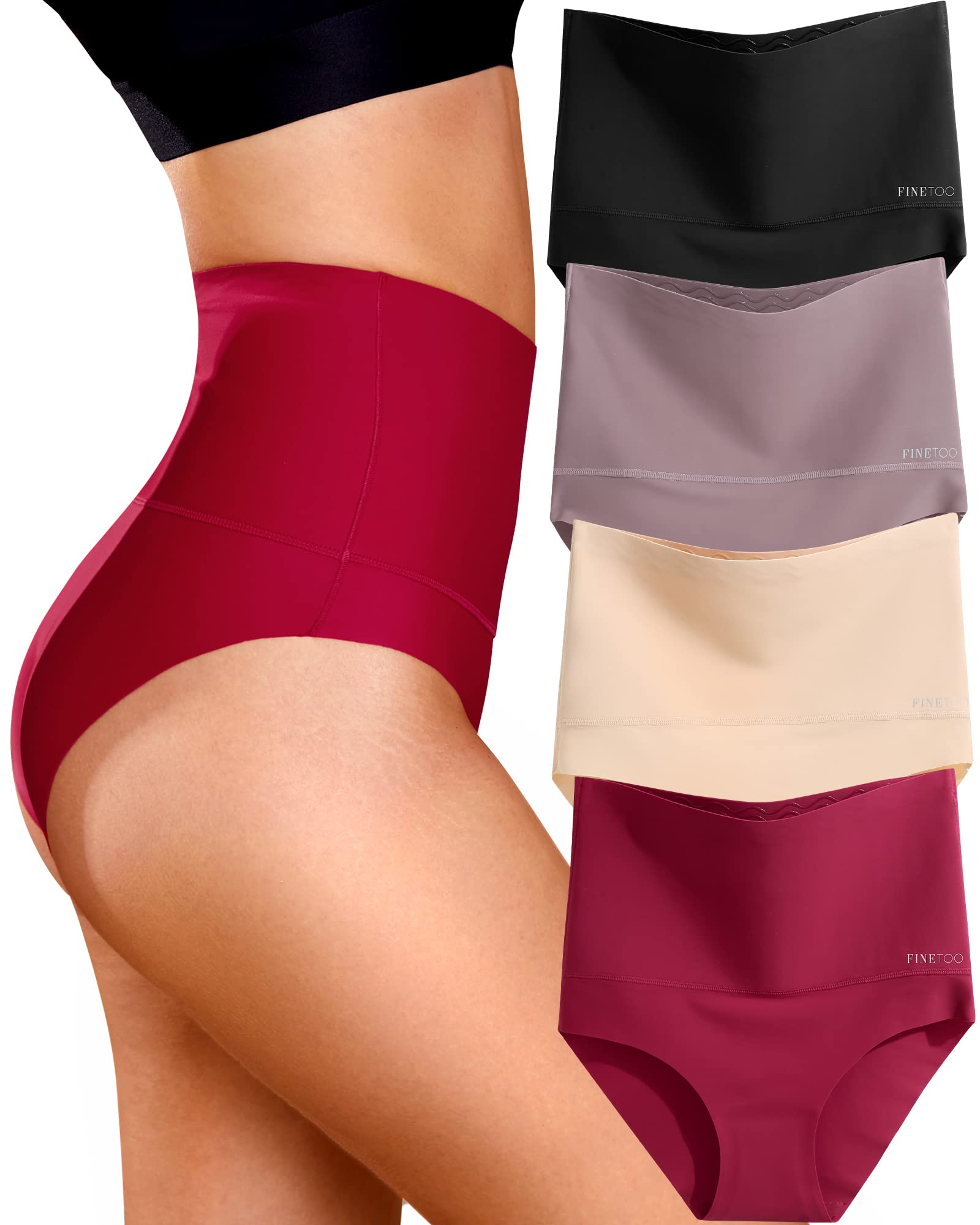 FINETOO Tummy Control Underwear for Women High Waisted Nylon Brief No Show Womens Bikini Seamless Panties 4pack S-XXXL