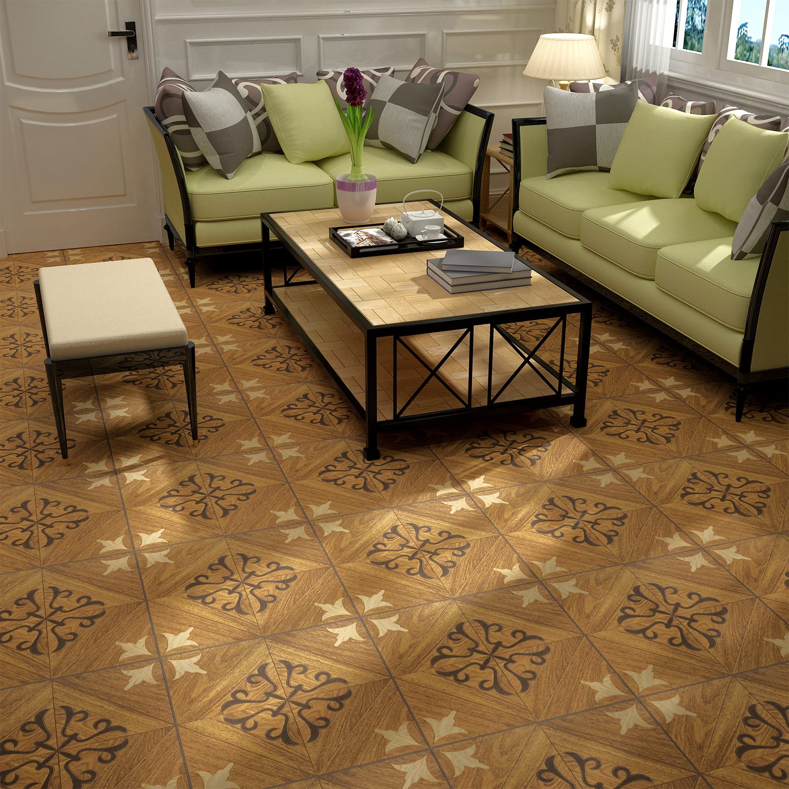 YENHOME Brown Peel and Stick Floor Tile Waterproof 12x12 in Kitchen Bathroom Floor Tile Vinyl Flooring Peel and Stick Flooring Roll Wood Planks 3 PCS Laminate Flooring Stick on Floor Tile Removable