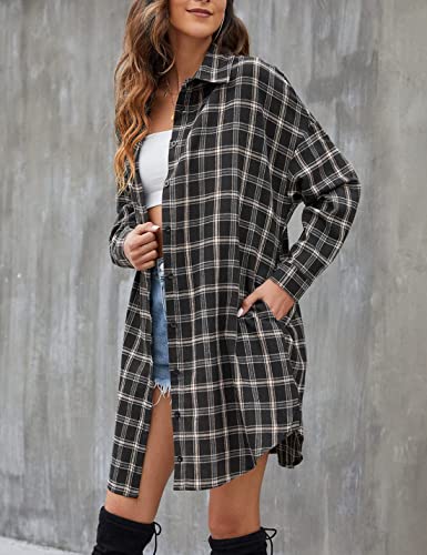 HangNiFang Long Flannel Shirts for Women Button Down Plaid Shirts Dresses Pocketed(0652-Black-XL)