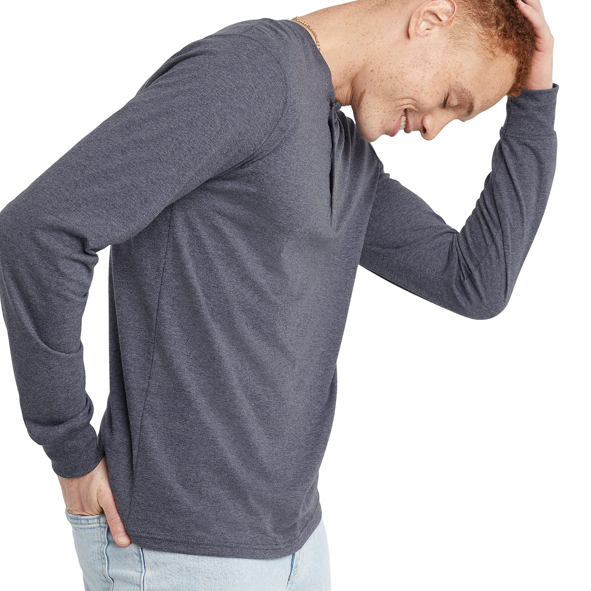 Hanes Comfortblend Hanes Originals Men's Tri-Blend Long Sleeve Henley, Athletic Navy PE Heather, Large