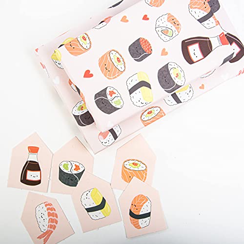 CENTRAL 23 Pink Wrapping Paper - Sushi Faces - 6 Gift Wrap Sheets - Trendy GiftWrap for Girls Women Teenagers - Eco and Recyclable